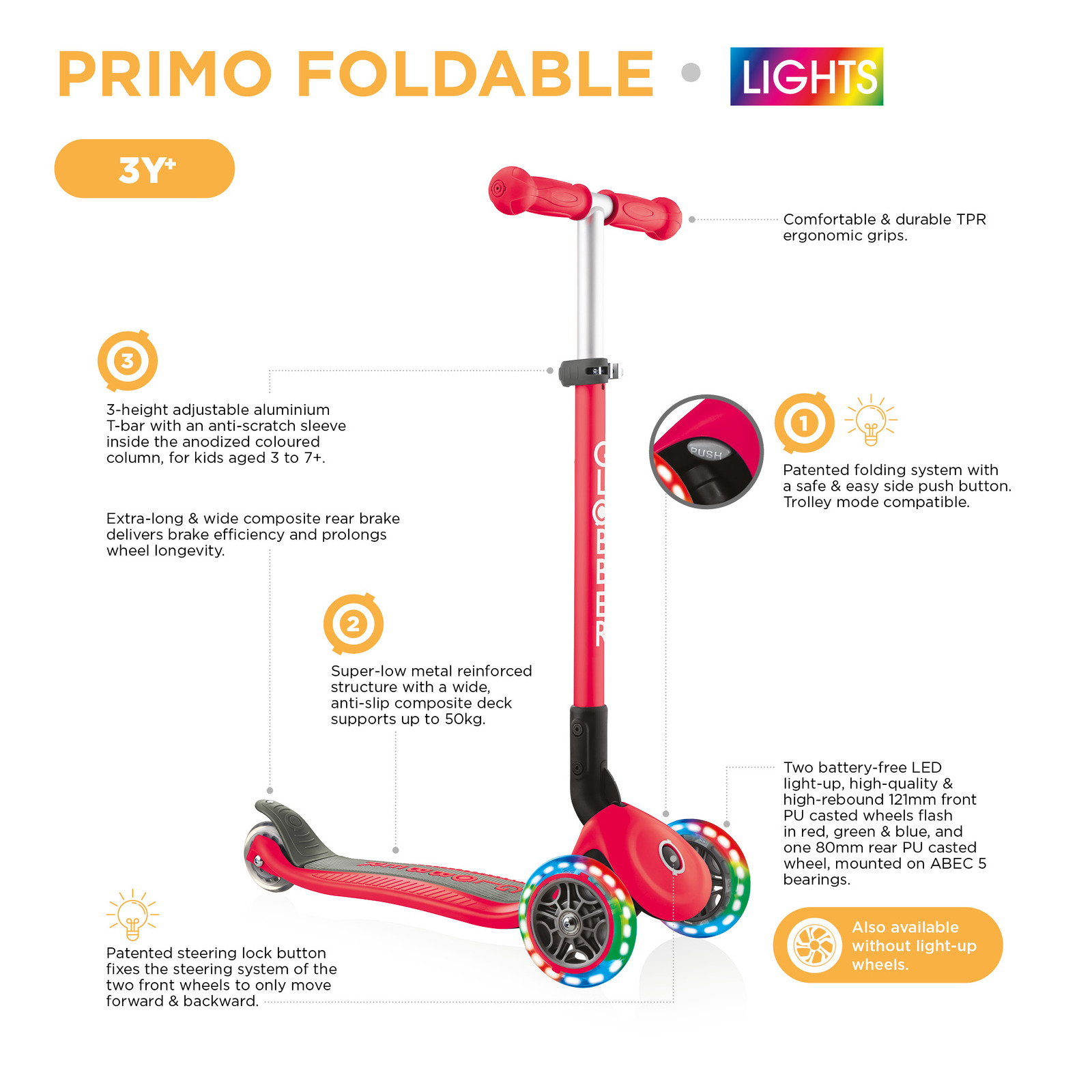 Globber Primo Foldable Lights Scooter - Neon Pink